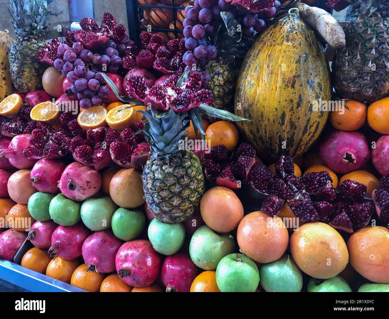 Fruit and vegetable stands on display in the middle of Istanbul Markets ...