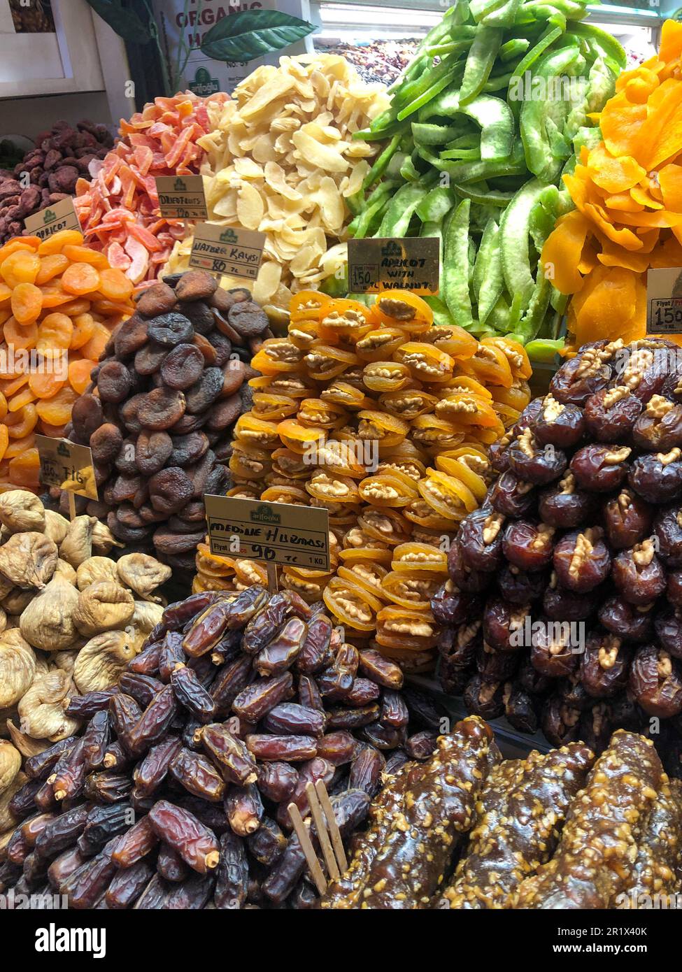 Fruit and vegetable stands on display in the middle of Istanbul Markets ...