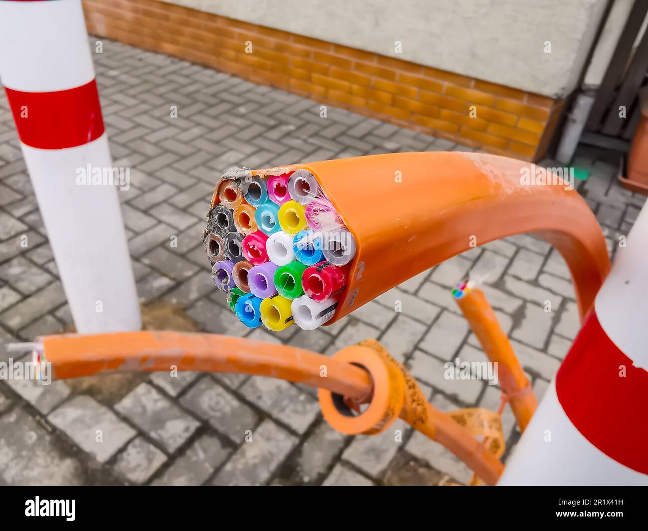 Plastic cable for fiber optic lines on construction site Stock Photo ...