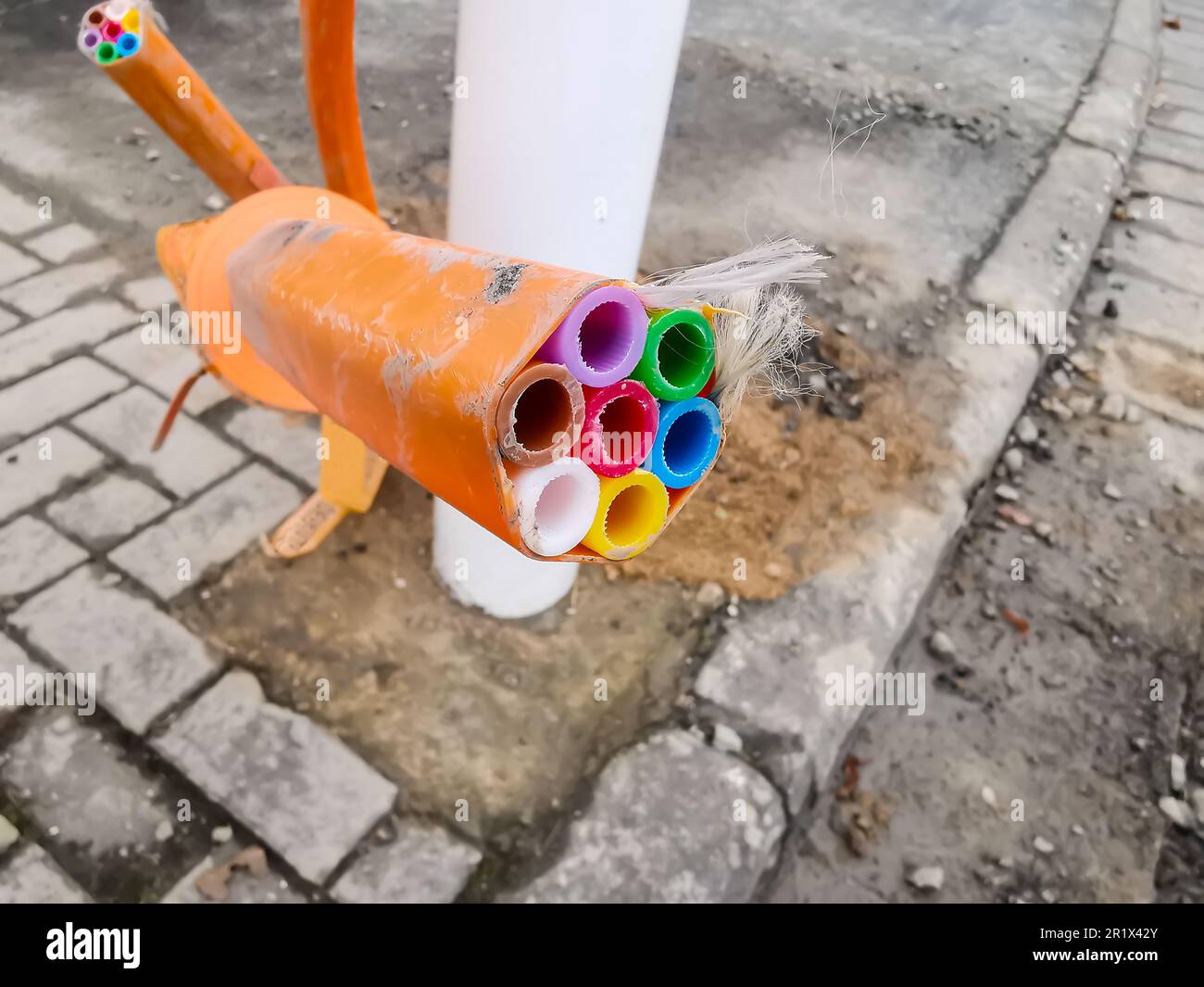 Plastic cable for fiber optic lines on construction site Stock Photo ...