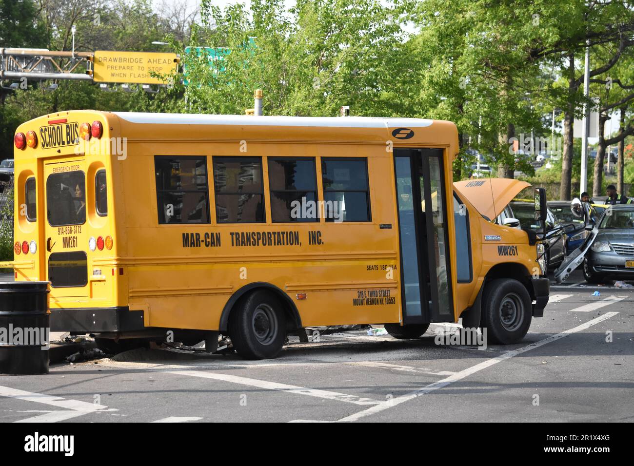 The Bronx, New York, USA. 15th May, 2023. School bus involved in an accident left with a gaping ...