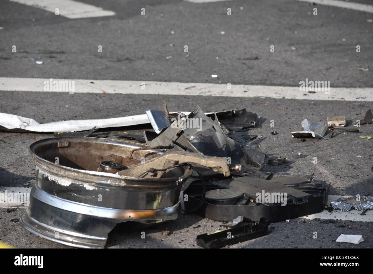 Damage from an accident seen on the street. Multiple people were hurt ...