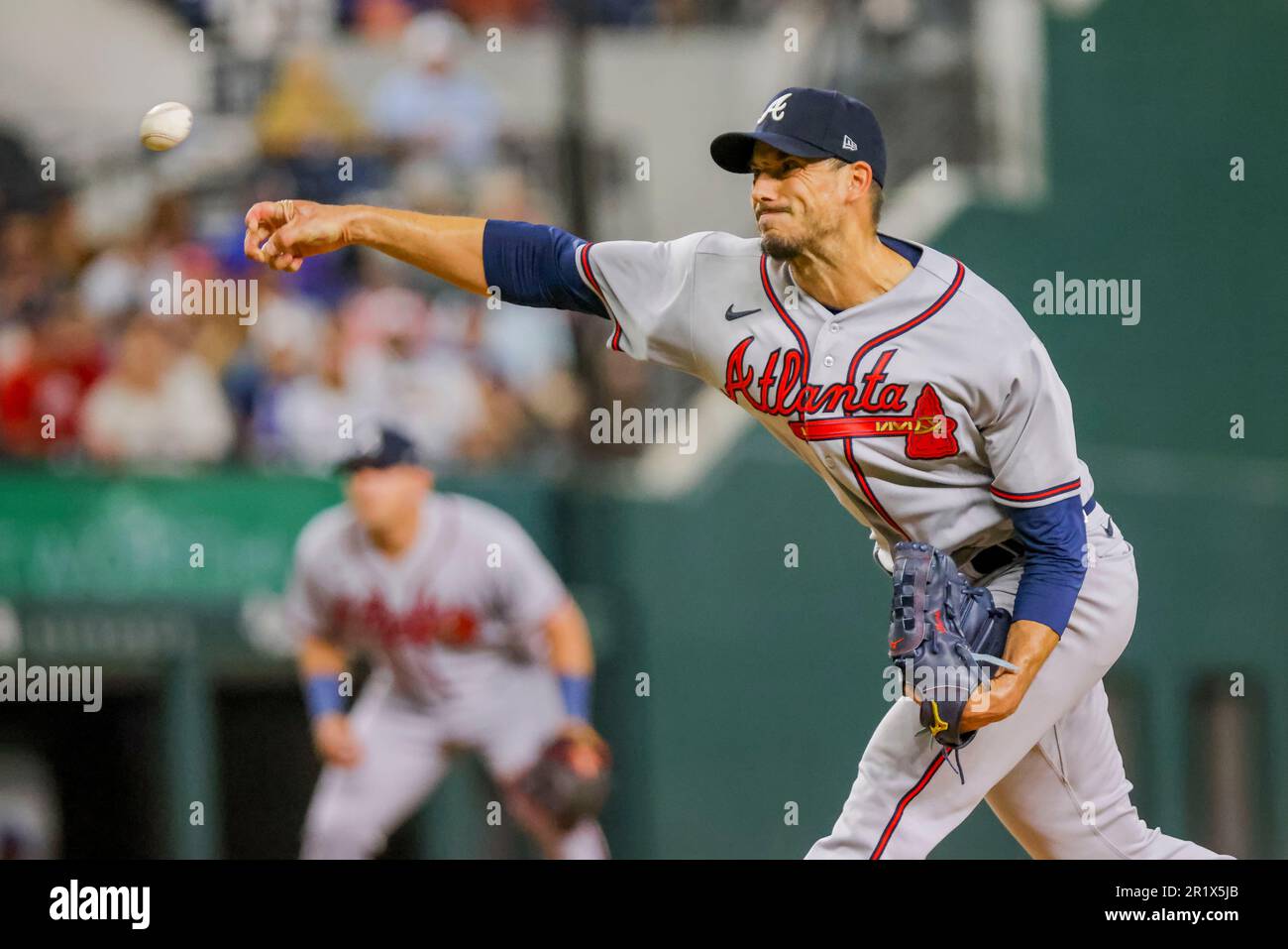 Atlanta Braves pitcher Charlie Morton delivers during the bottom of the ...