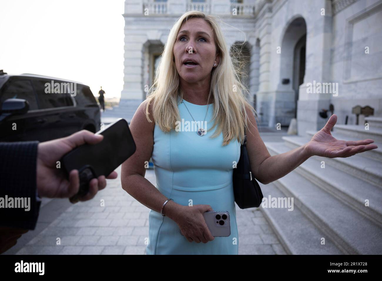 Rep. Marjorie Taylor Greene (R-Ga.) speaks with reporters outside the U ...