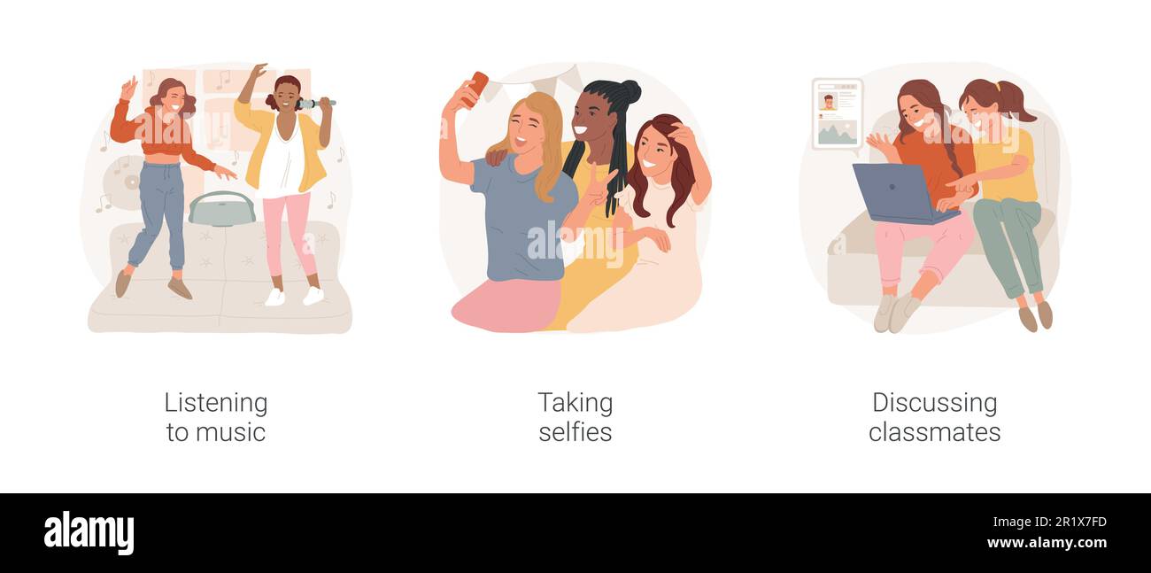 Girls hanging out at home isolated cartoon vector illustration set ...