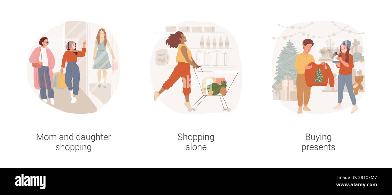 Visit shopping mall isolated cartoon vector illustration set. Mom and ...