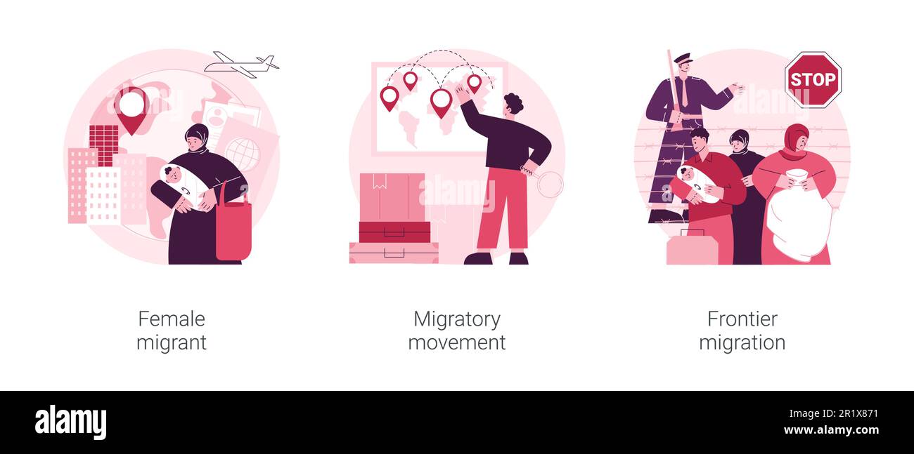 Human migration abstract concept vector illustration set. Female migrant, migratory movement ...