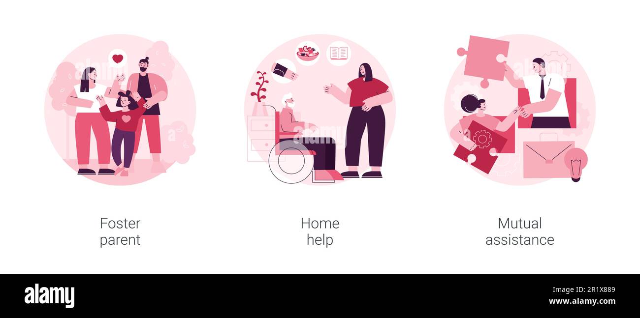 Social responsibility abstract concept vector illustration set. Foster parent, home help, mutual ...