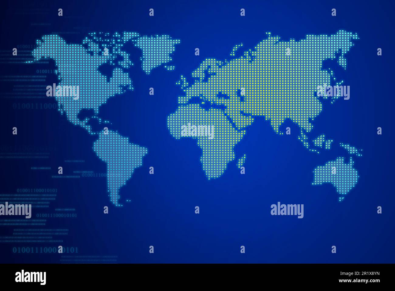 Square shape dotted world map on gradient blue background. Abstract technology digital ...