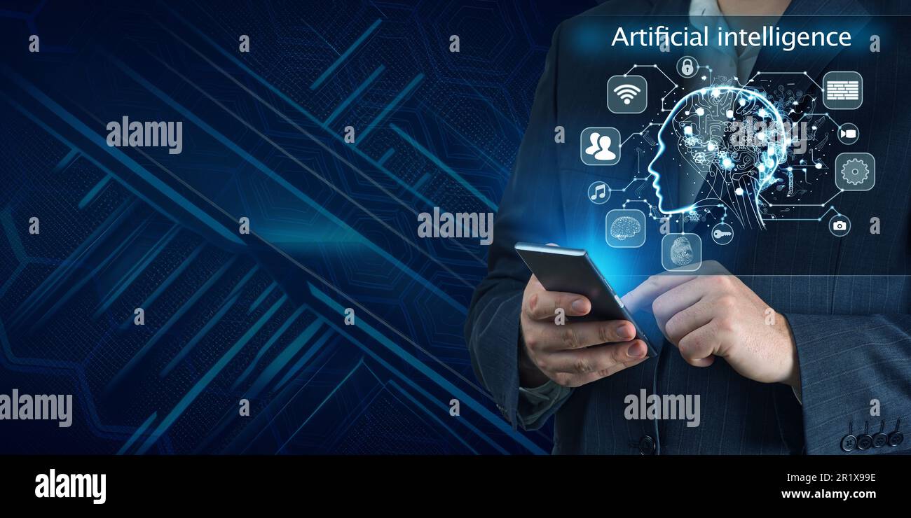 AI, Chat bot and future marketing concept, businessman hand holding cellphone with ai ...