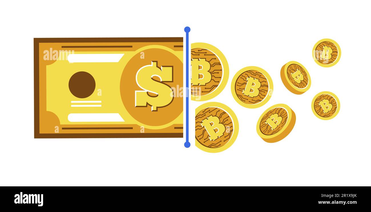 Cryptocurrency conversion, digital money, banknotes and coins, isolated ...