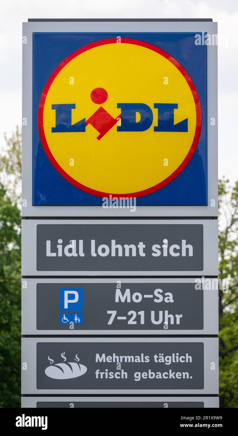 Leipzig, Germany. 15th May, 2023. A stele with the logo of the ...