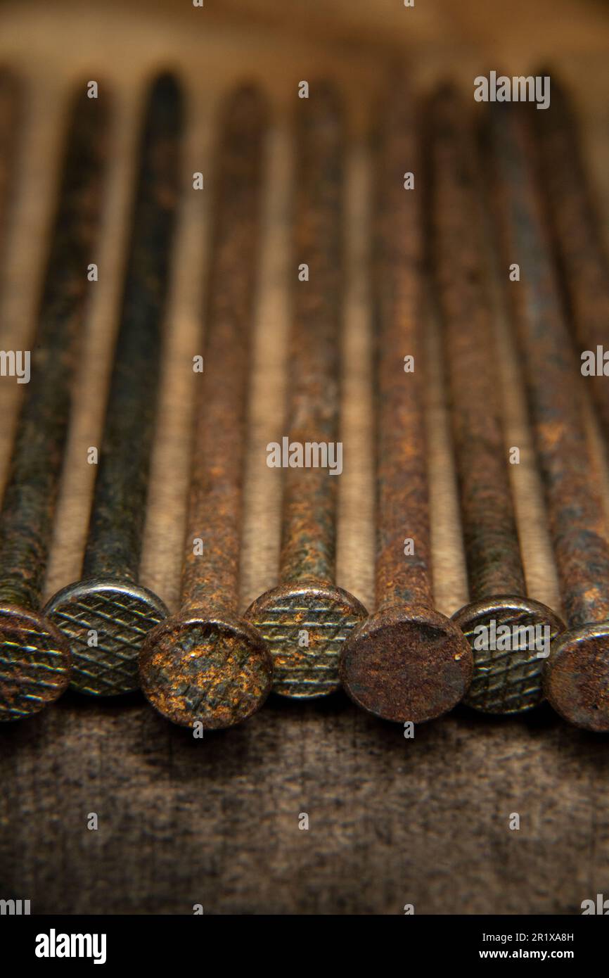 old rusty, 16 penny nail heads, line of heavy penny nails for ...