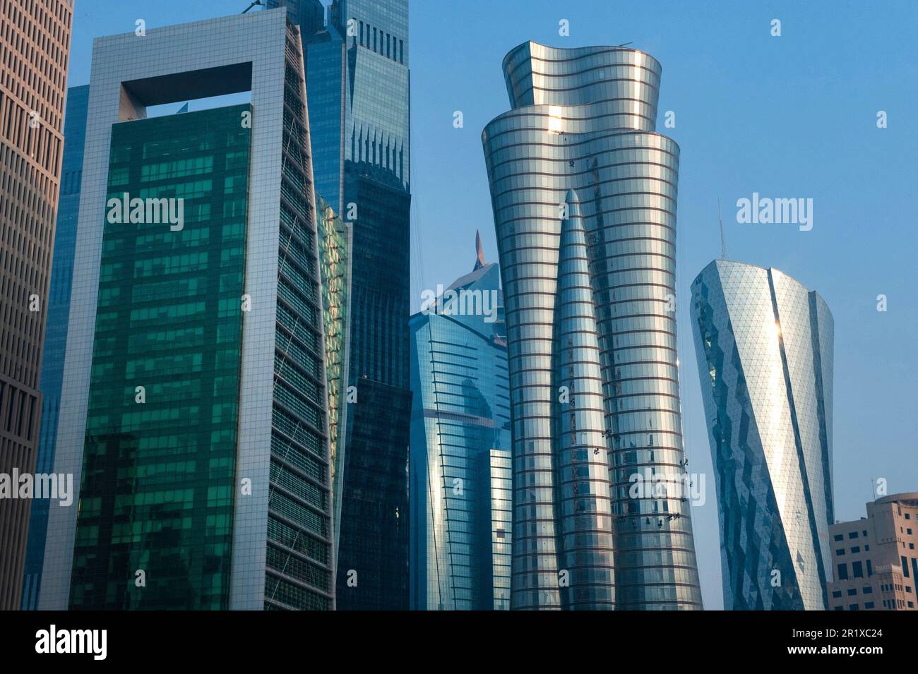 View of the modern glass fronted skyscrapers and office towers line the ...