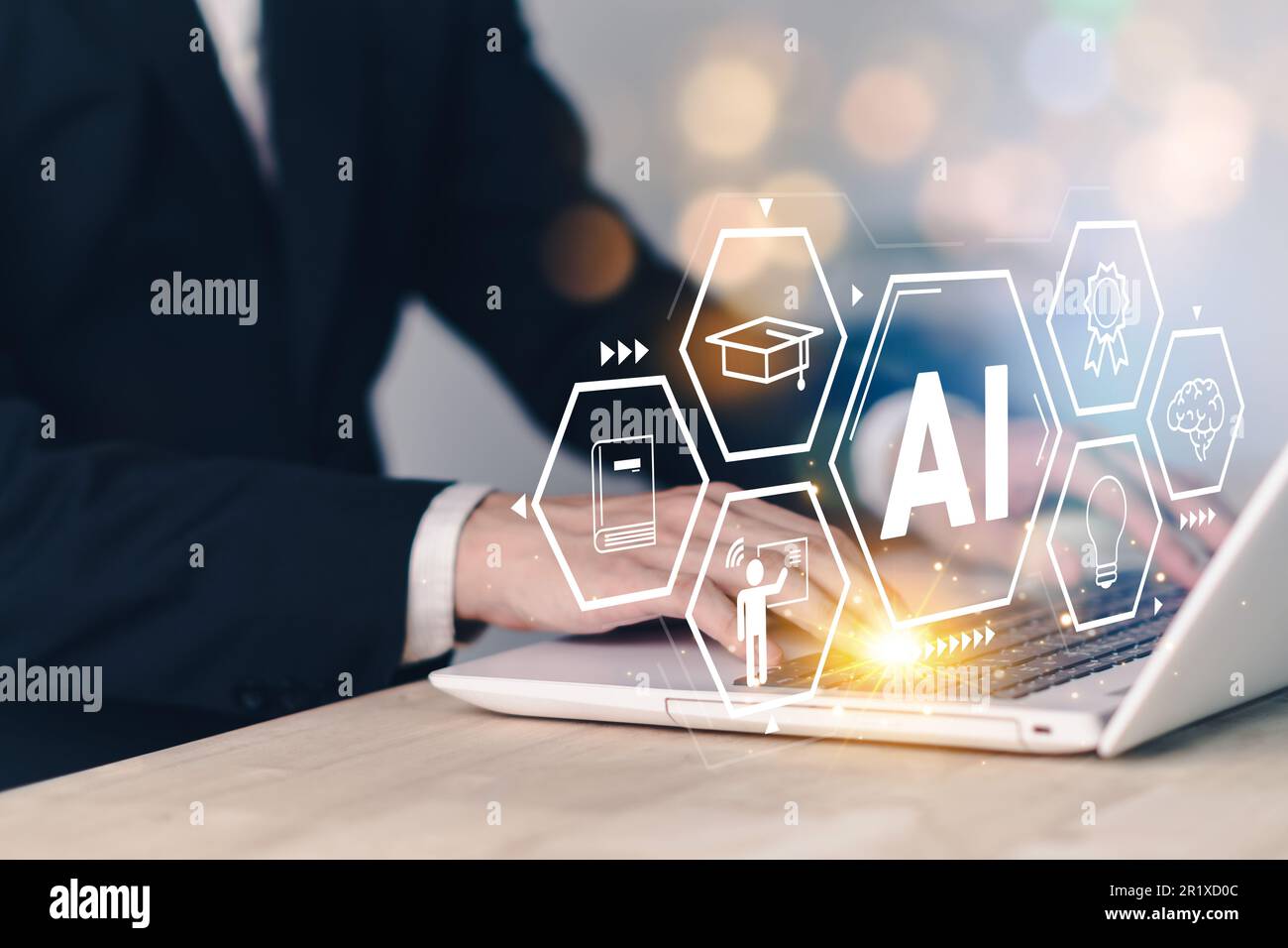 AI (Artificial intelligence) growing concept. Businessman hand typing ...