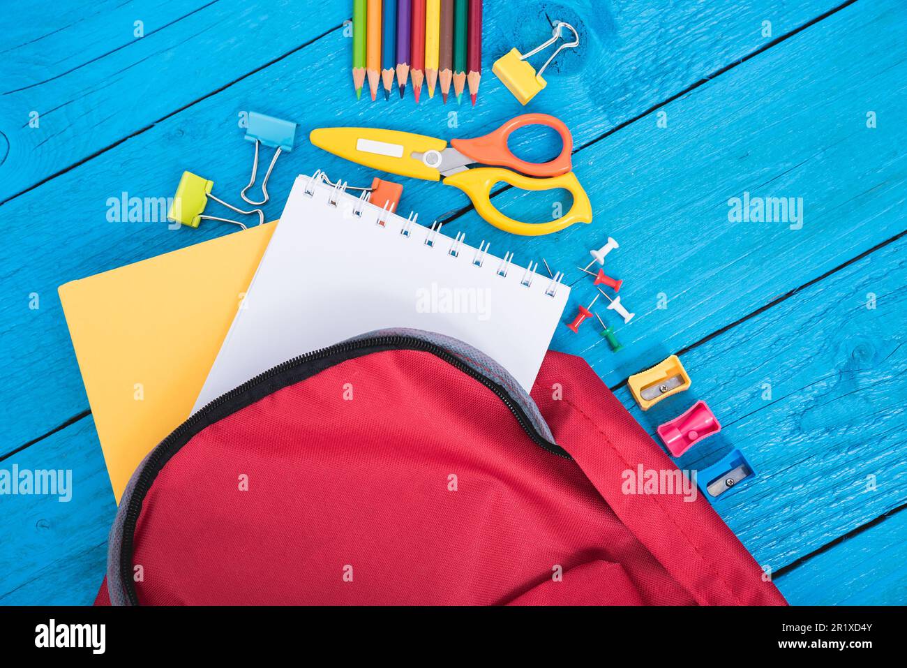 Top view Red bag backpack for education children Stock Photo - Alamy