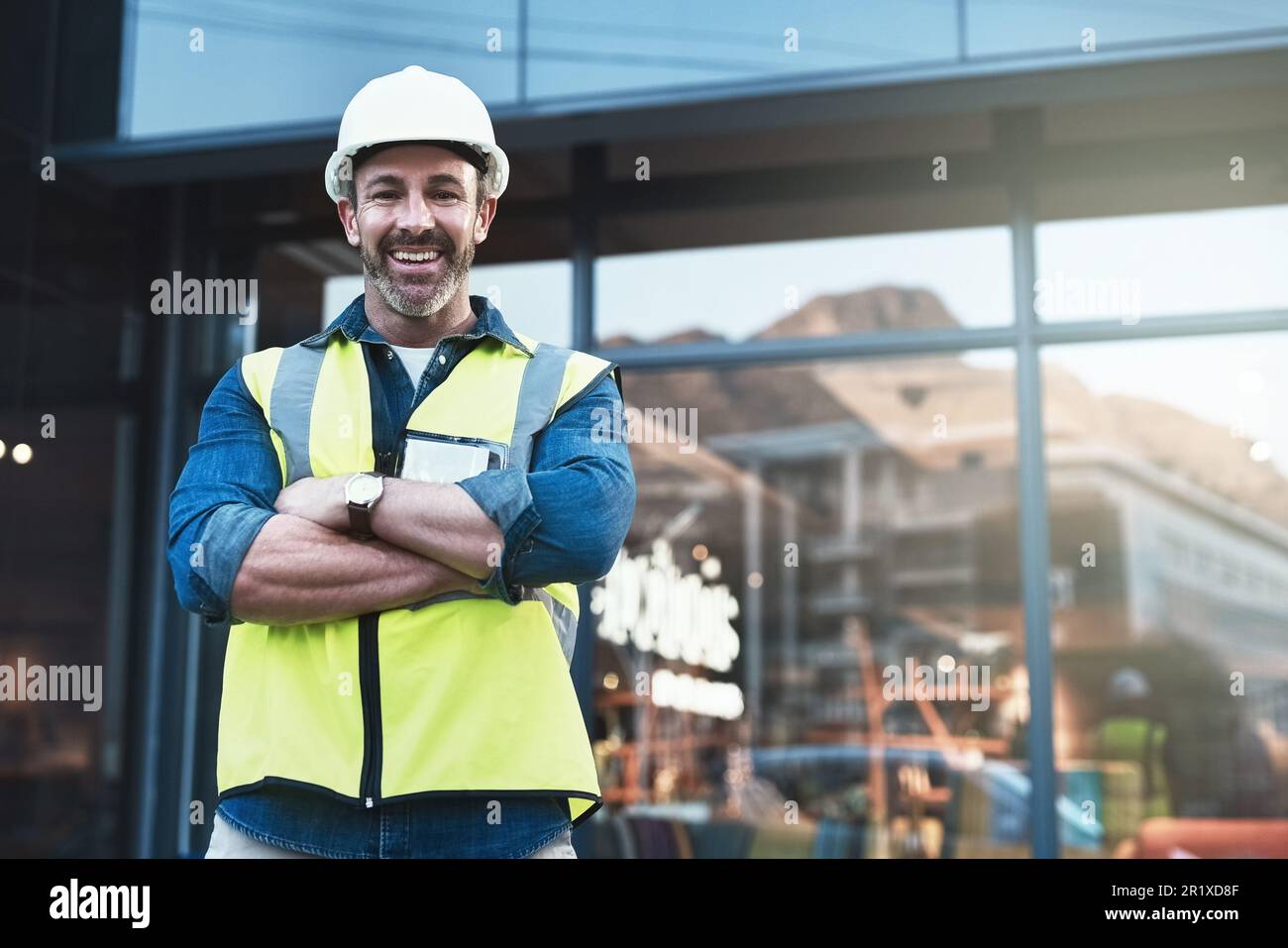 Engineer, portrait of man architect standing in front of construction ...
