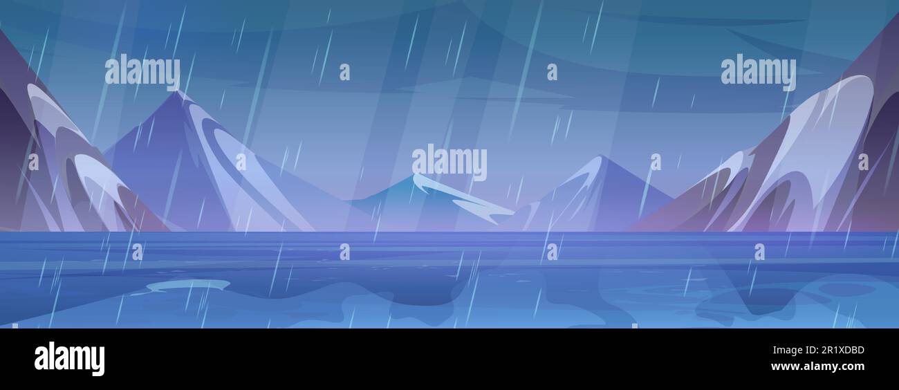 Cartoon rainy caribbean sea with mountain view vector. Torrential rain ...