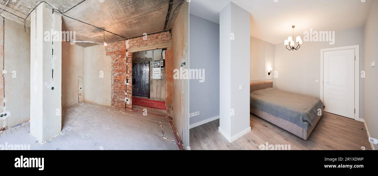 Comparison of apartment bedroom before and after refurbishment. Old ...