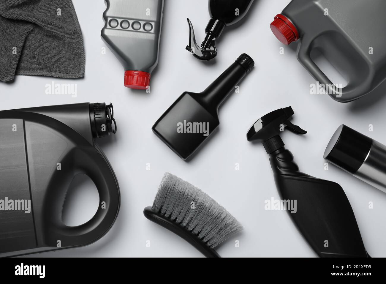 Flat lay composition with different car wash products on white ...