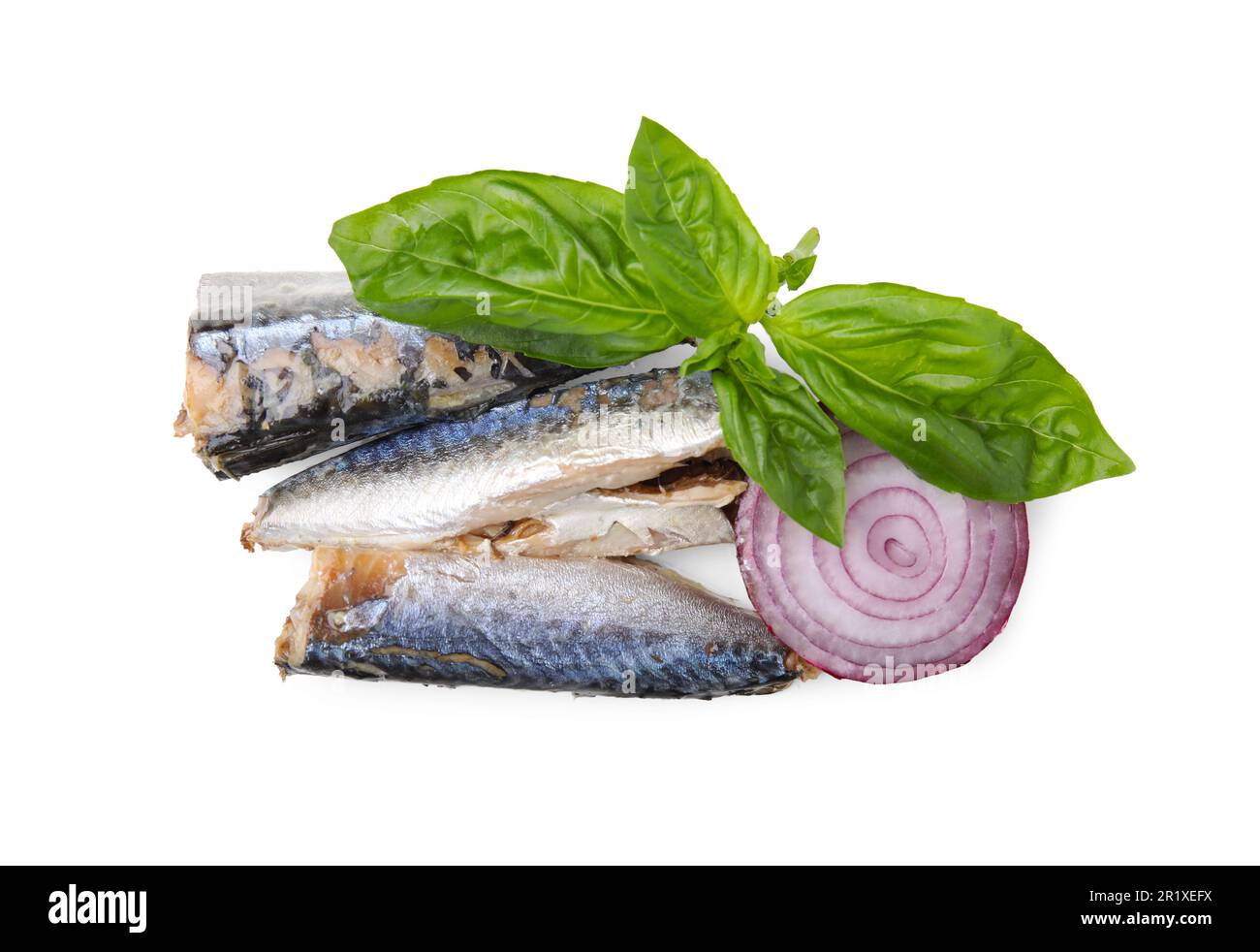 Canned mackerel fillets with red onion rings and basil on white ...