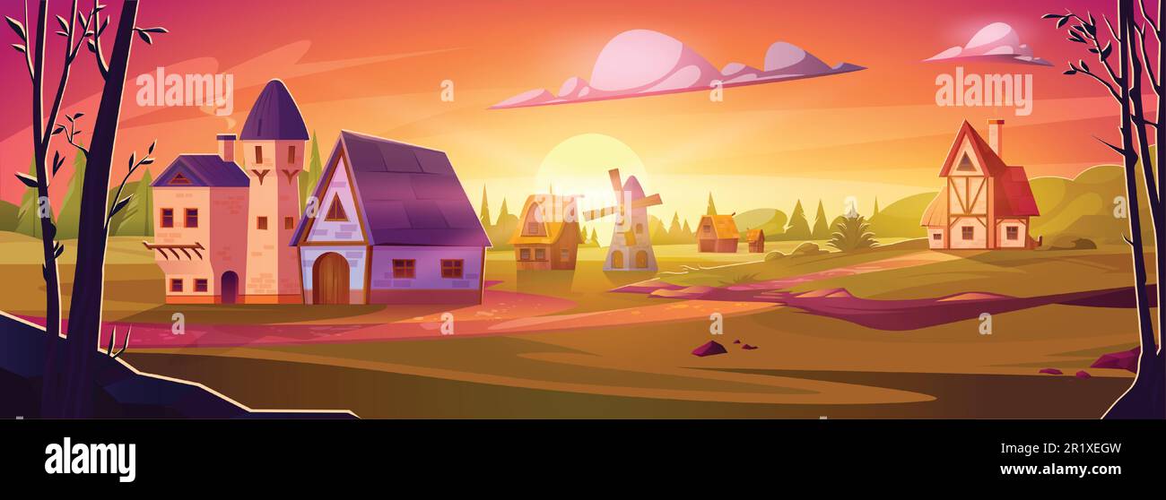 Cartoon medieval town at sunset. Vector illustration of old stone ...