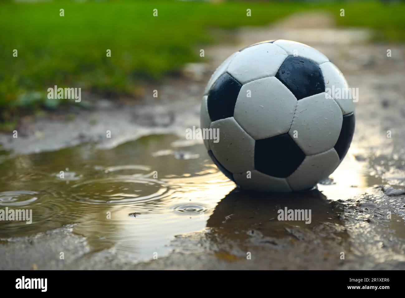 Leather soccer ball in puddle outdoors, space for text Stock Photo - Alamy