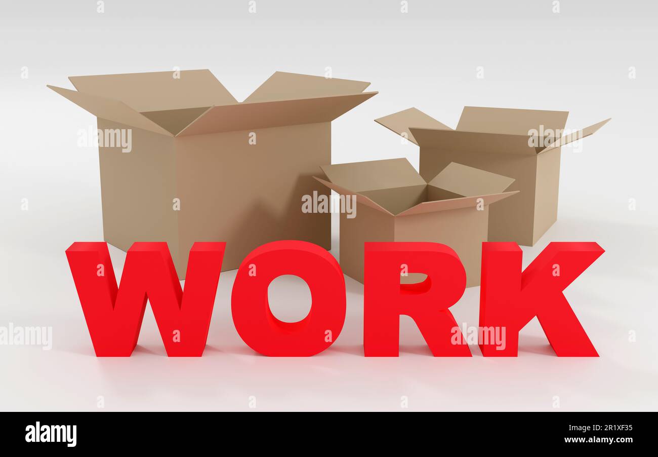 3d render cardboard boxes with red text saying work near them simple ...