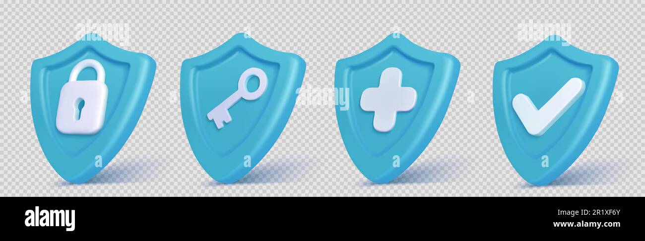 Realistic set of blue security shield icons isolated on transparent ...