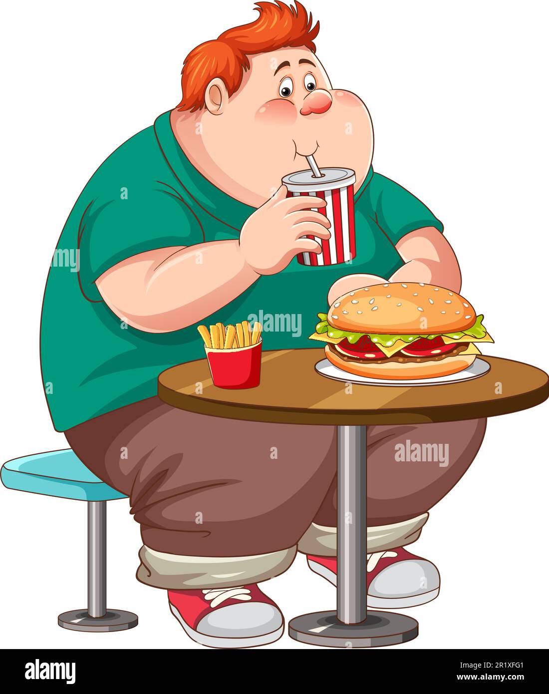 Overweight man eating fast food on the table isolated illustration ...