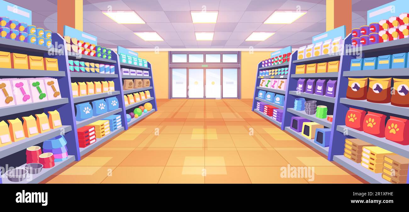 Pet shop interior with dog toy cartoon vector illustration. Petshop ...