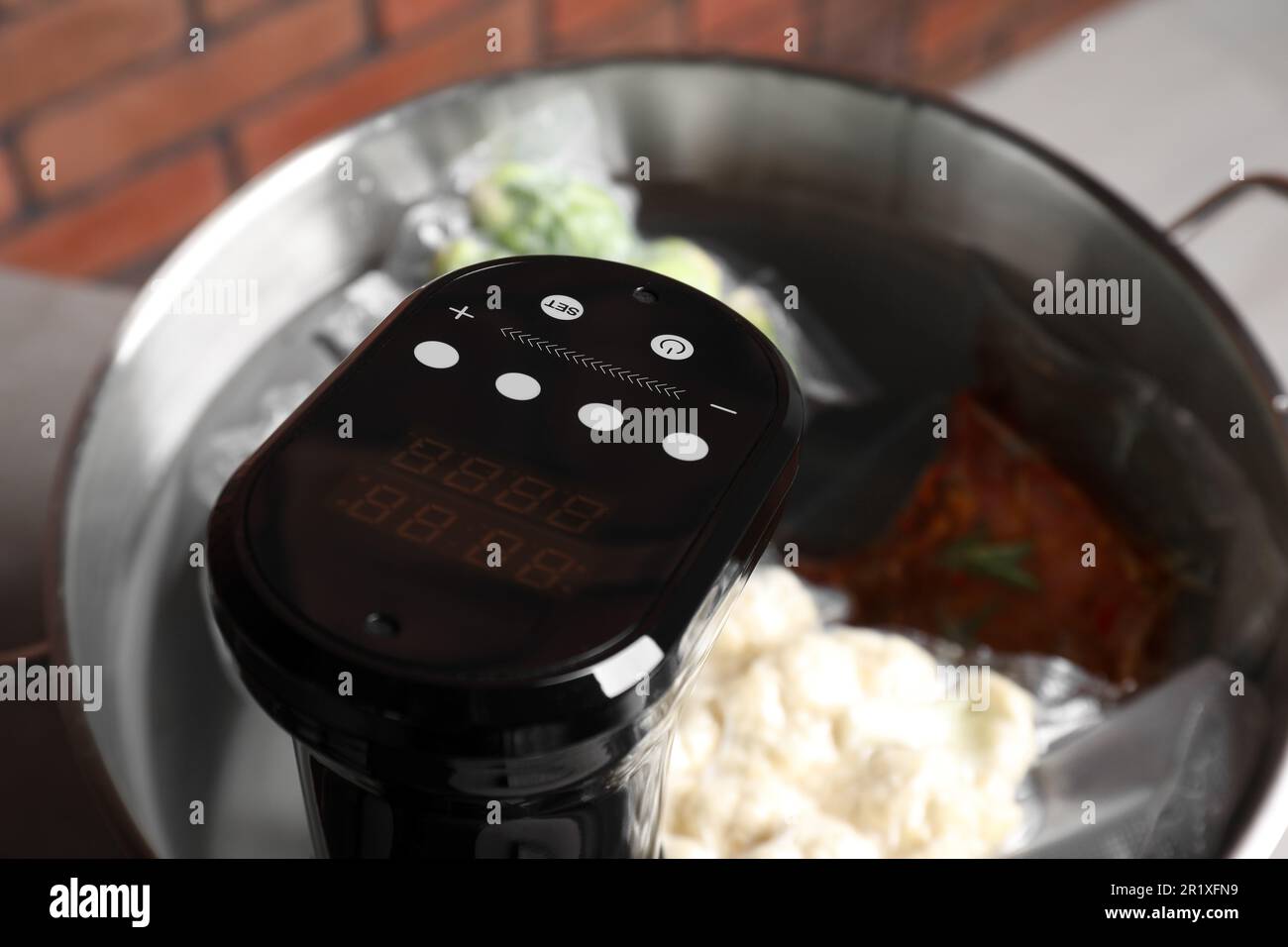 Thermal immersion circulator and vacuum packed ingredients in pot on ...