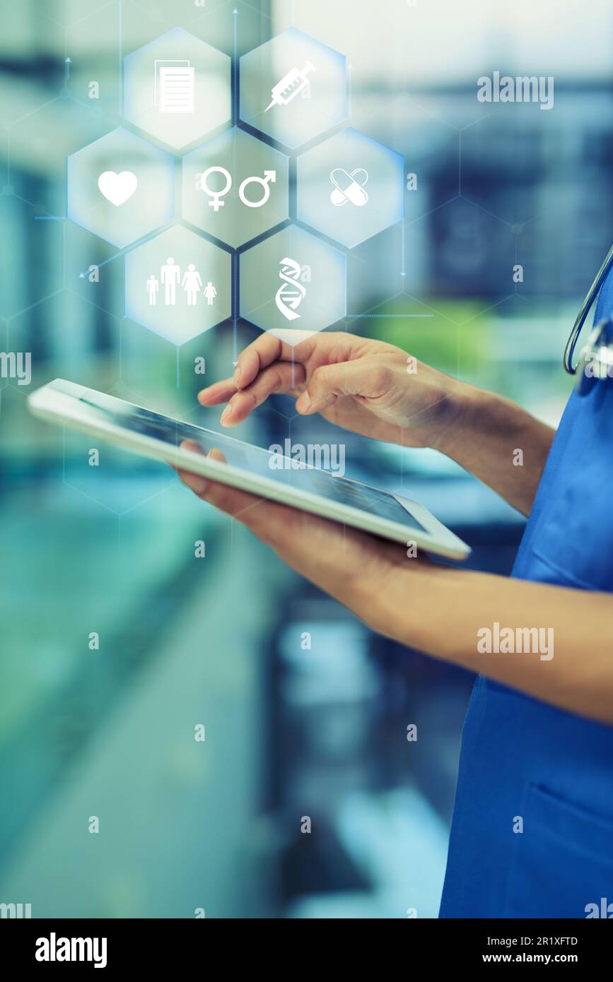 Nurse, hands and tablet with icons hologram, technology abstract and ...