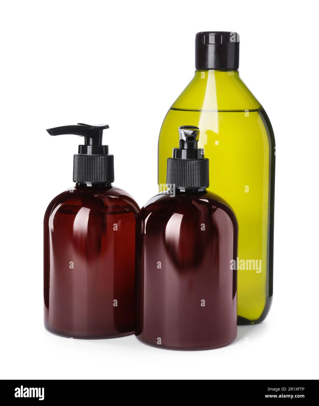 Different bottles of shampoo on white background Stock Photo - Alamy