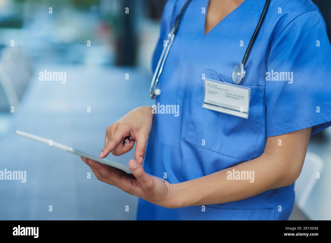 Nurse, hands and tablet, woman check digital healthcare information and ...