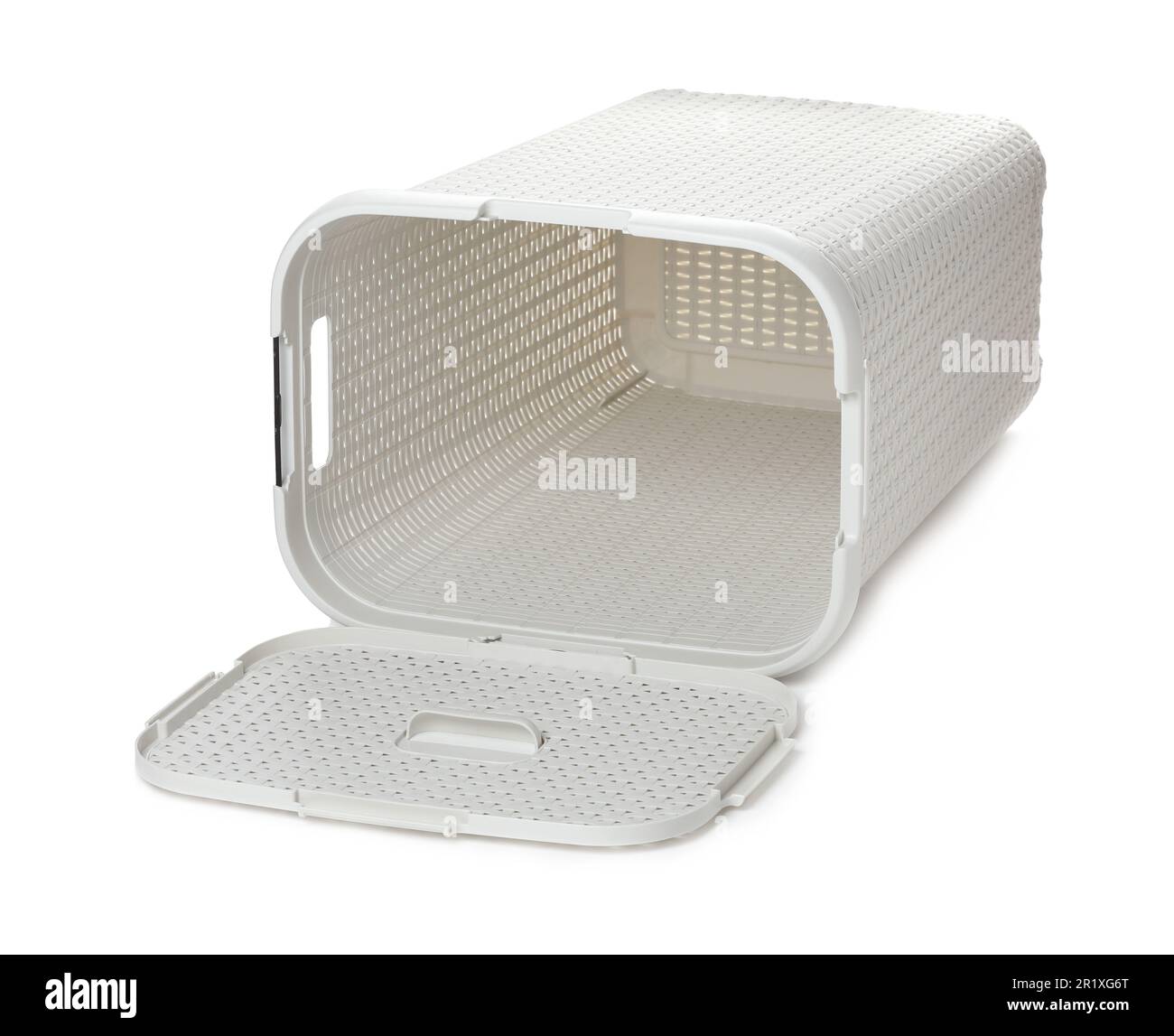 One open empty laundry basket isolated on white Stock Photo - Alamy