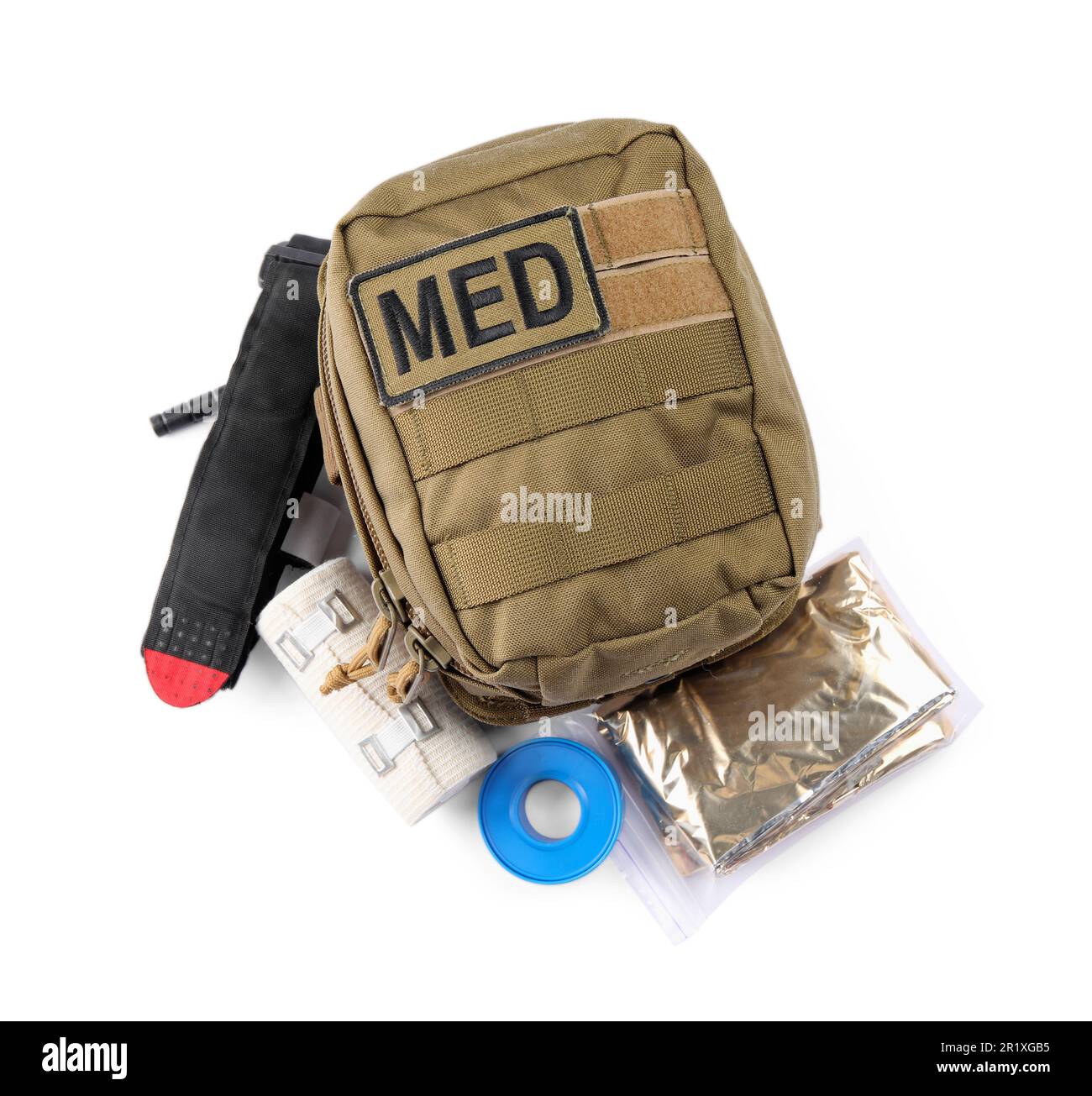 Military first aid kit on white background, top view Stock Photo - Alamy