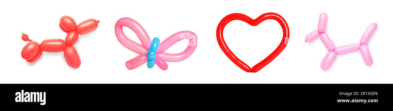 Set with different figures made of modelling balloons on white ...