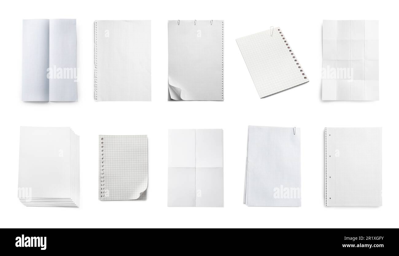 Set with different blank paper sheets on white background, top view ...