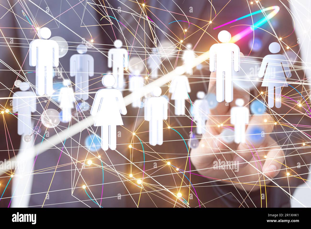A person is touching the group of digital people, concept of network ...