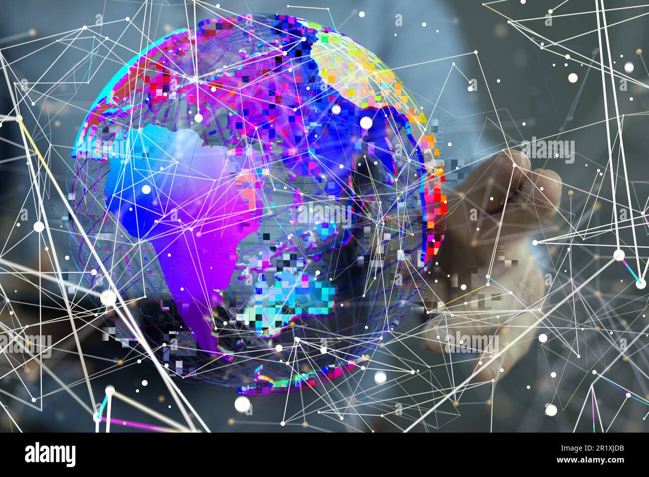 A modern computer monitor displaying a 3D network of multicolored lines around a virtual globe ...