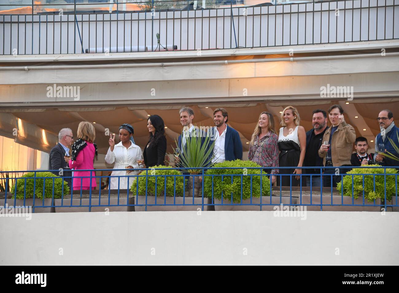 Cannes, France. 15th May, 2023. Iris Knobloch, Thierry Fremaux, Ruben Ostlund, Julia Ducournau ...