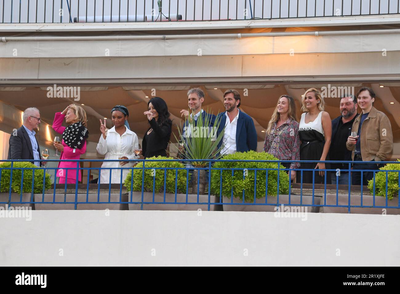 Cannes, France. 15th May, 2023. Iris Knobloch, Thierry Fremaux, Ruben Ostlund, Julia Ducournau ...