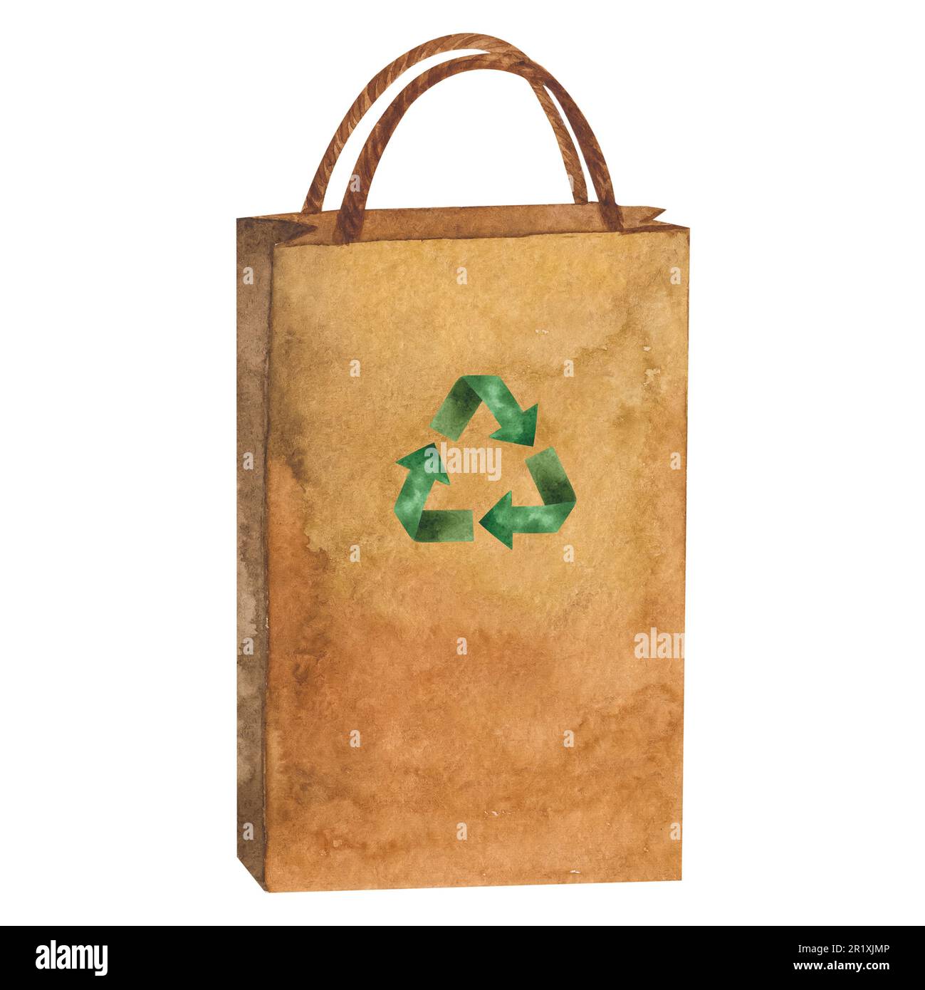 watercolor illustration of recycled paper bag with recycling sign ...