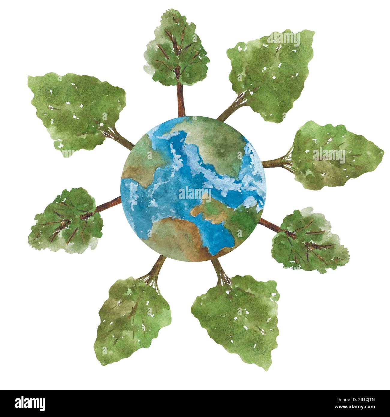 Watercolor illustration of the planet earth with trees around isolated ...