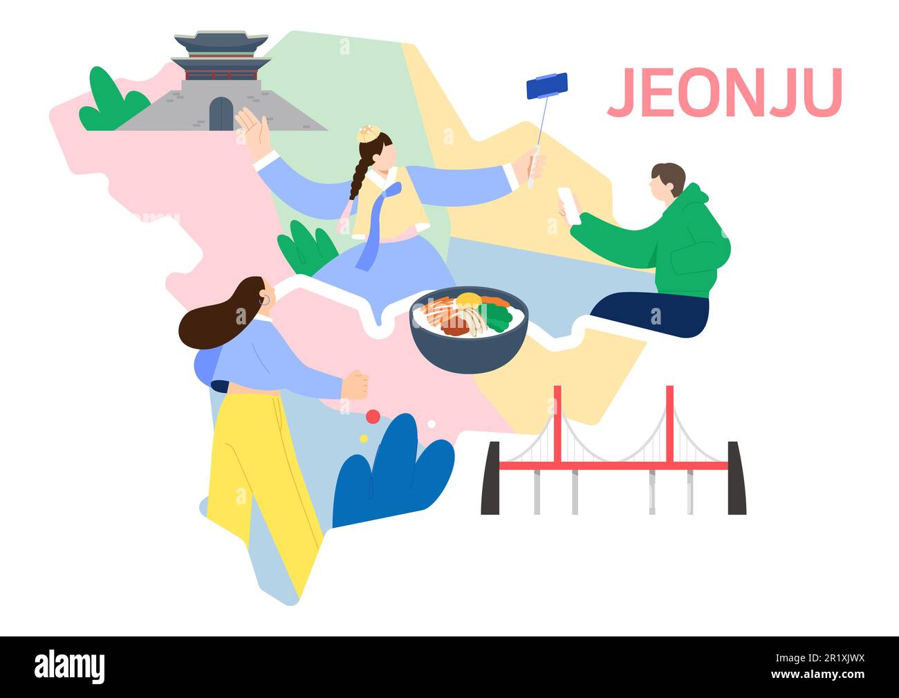 map of Jeonju, Korea and drawing of travelling people Stock Photo - Alamy