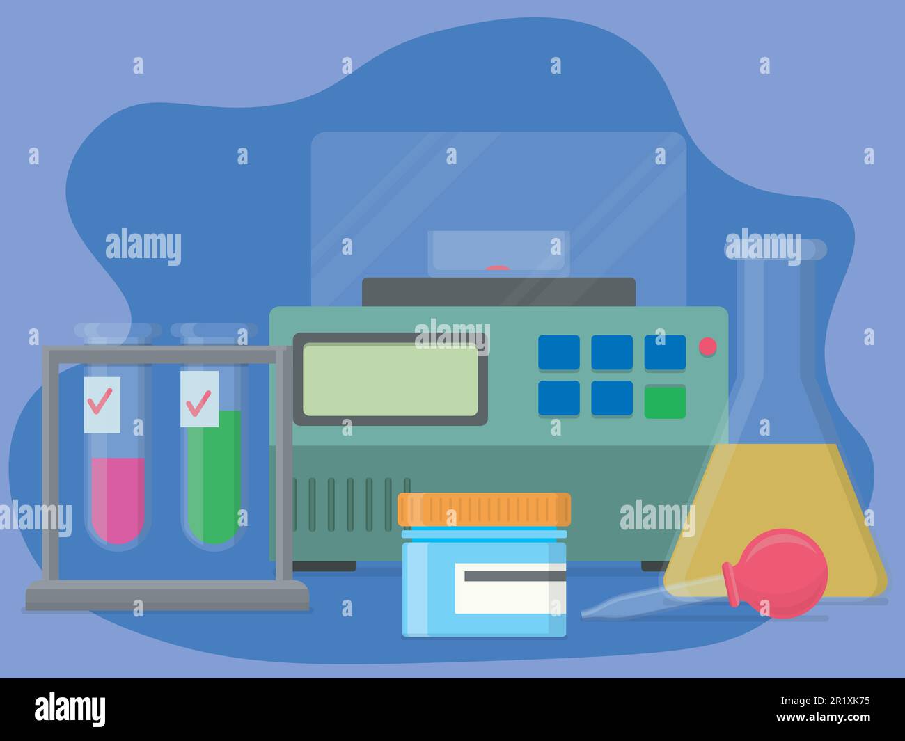 compositional image consists of labs test tubes, incubator, glass flask ...