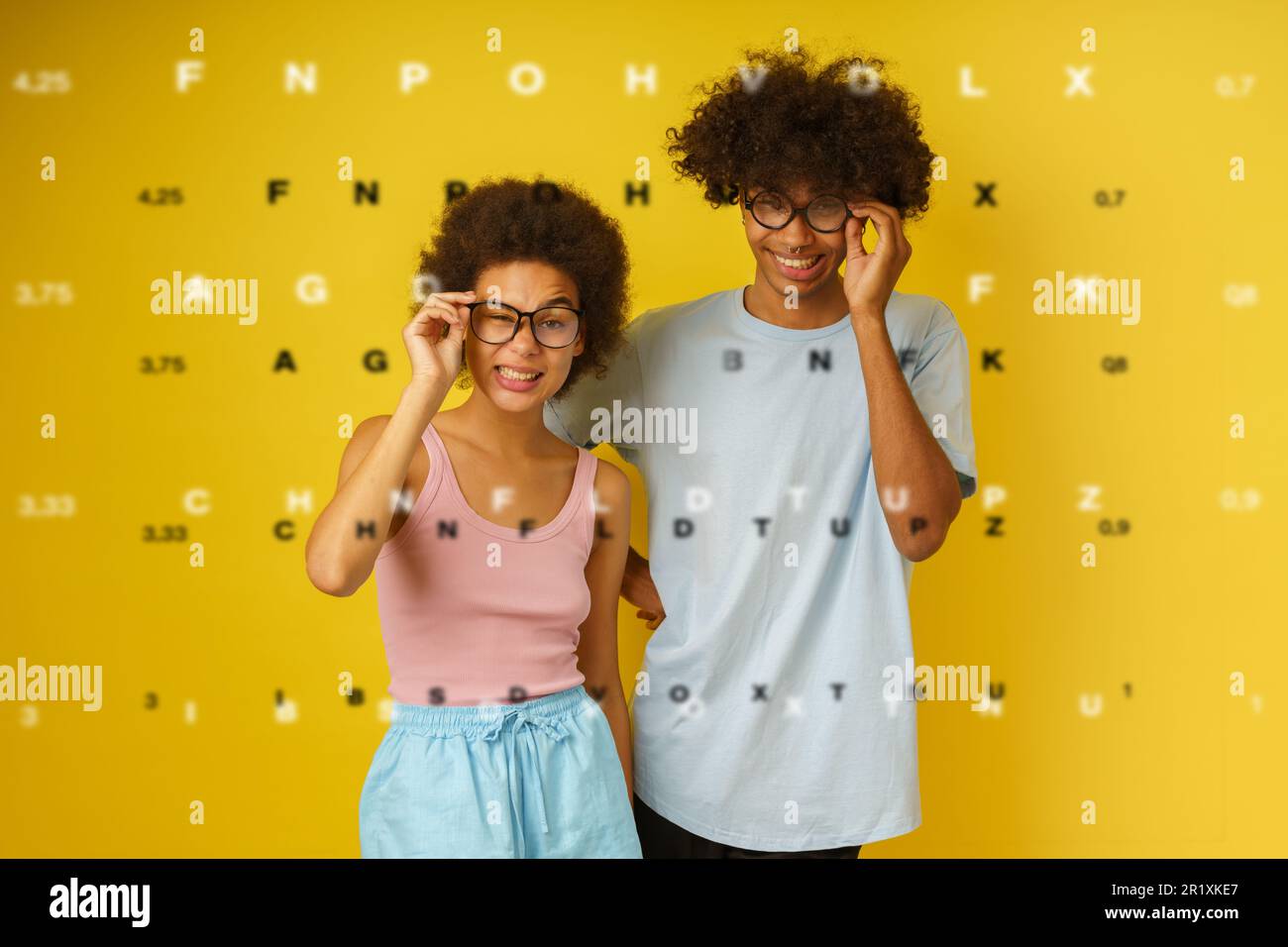 Funny couple has vision problem with the glasses Stock Photo - Alamy
