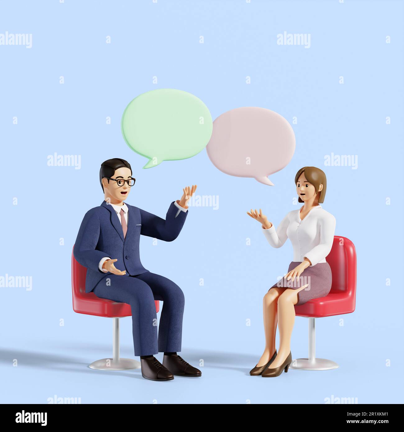 3D business man and woman character talking to each other Stock Photo ...