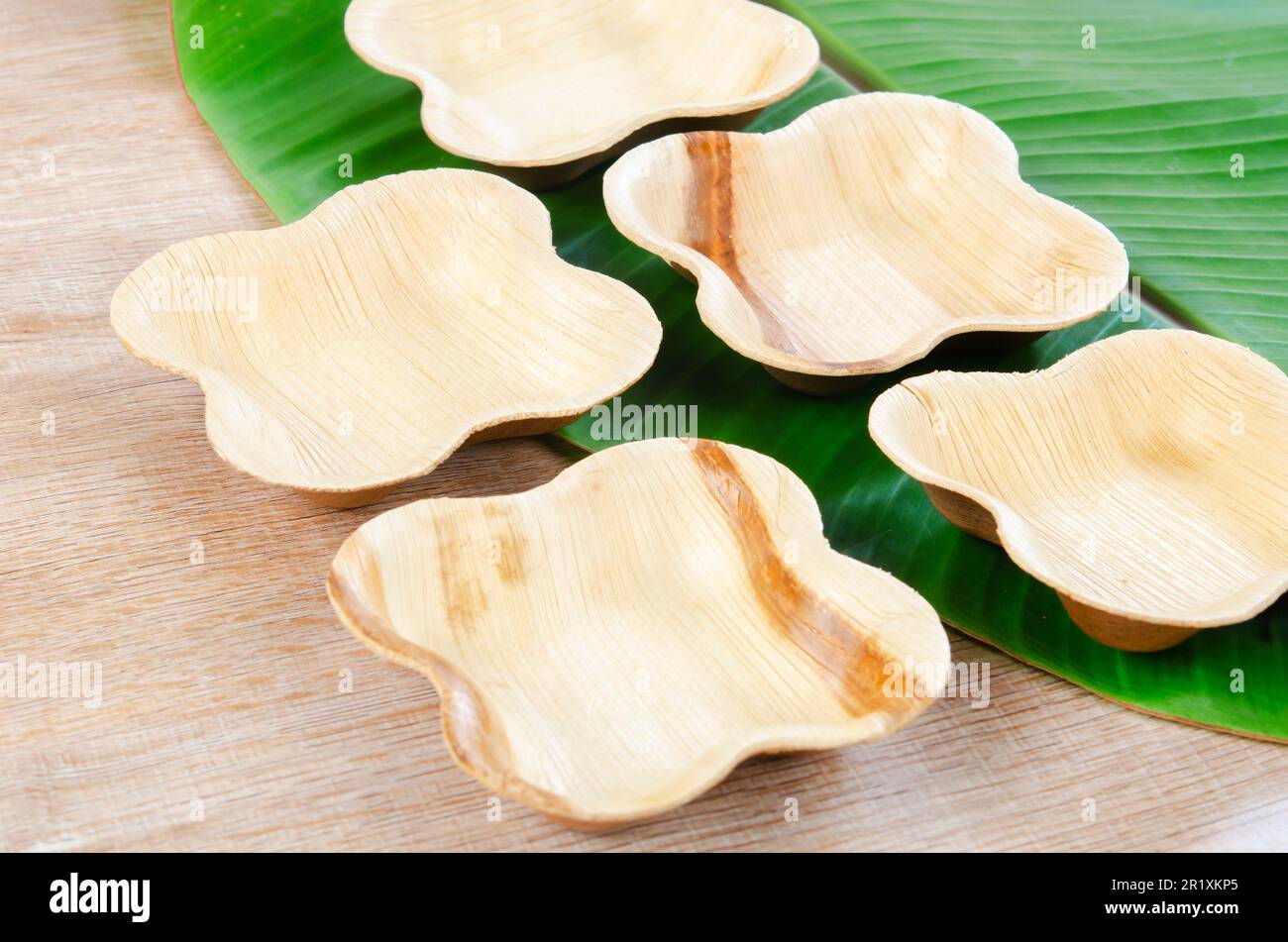 Kitchenware made from dried betel nut leaf palm, natural material. The ...